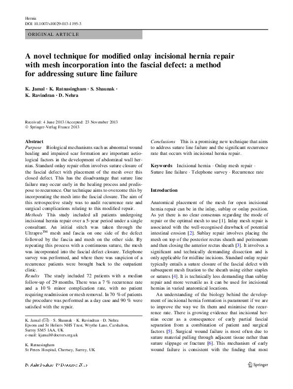 (PDF) A novel technique for modified onlay incisional hernia repair ...