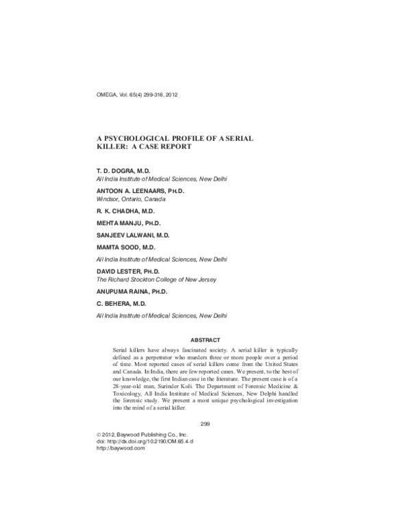 (PDF) A Psychological Profile of a Serial Killer: A Case Report