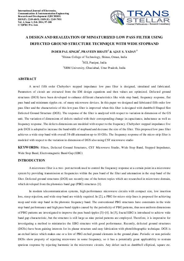 Pdf A Design And Realization Of Miniaturized Low Pass Filter Using