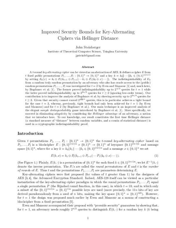 Pdf Improved Security Bounds For Key Alternating Ciphers Via Hellinger Distance John