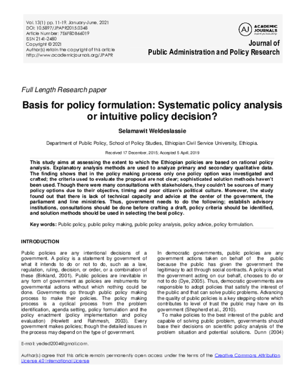(PDF) Basis for policy formulation: Systematic policy analysis or ...