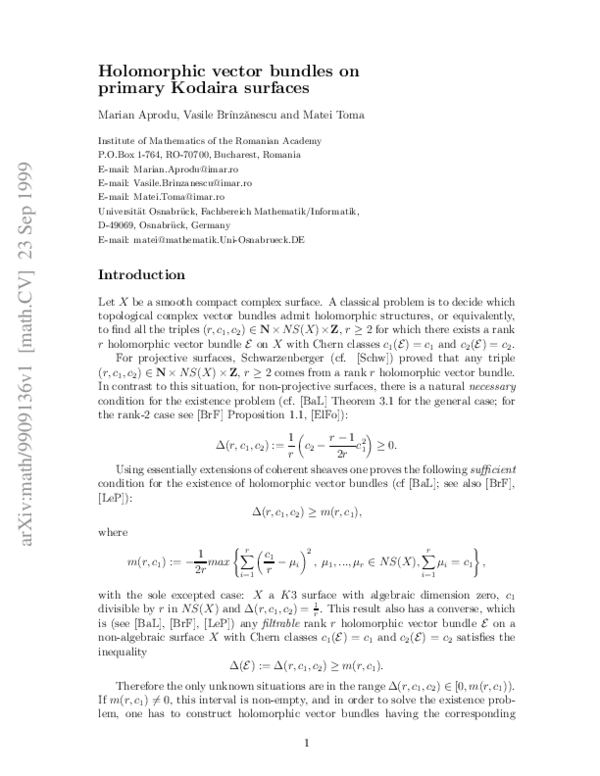 (PDF) Holomorphic vector bundles on primary Kodaira surfaces