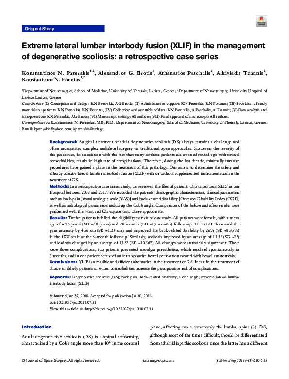 (PDF) Extreme lateral lumbar interbody fusion (XLIF) in the management ...