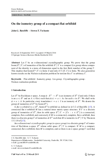 (PDF) On the isometry group of a compact flat orbifold | Steven Tschantz - Academia.edu