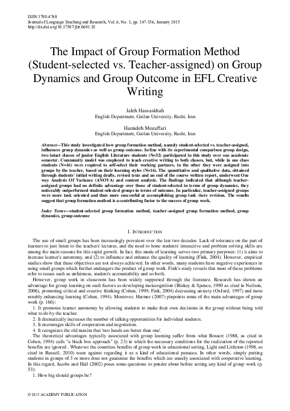 (PDF) The Impact of Group Formation Method (Student-selected vs ...