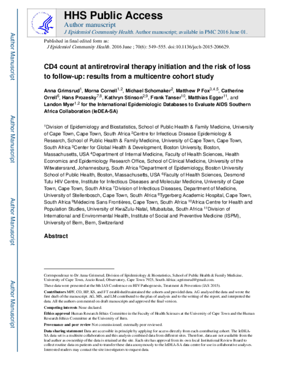 (PDF) CD4 Count at ART Initiation and Loss to Follow-Up Risk