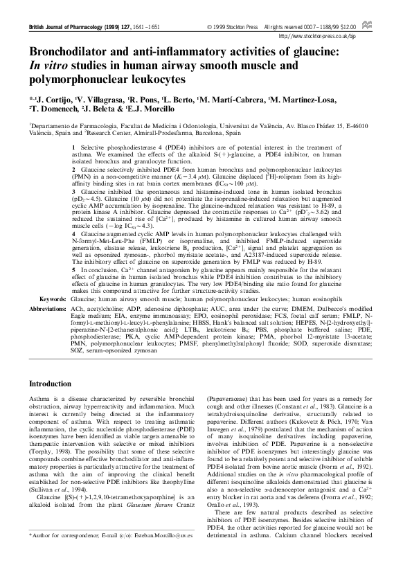 (PDF) Glaucine's Bronchodilator and Anti-inflammatory Effects