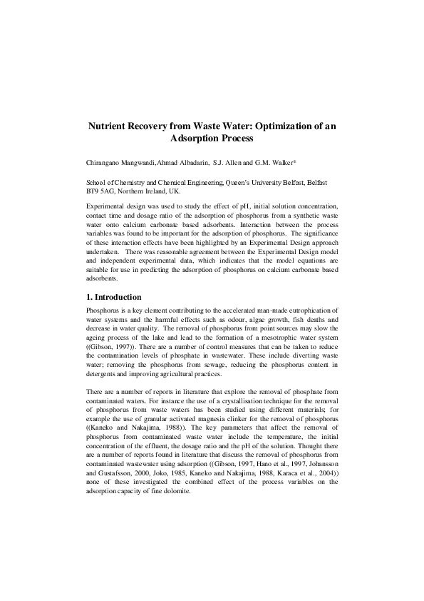(PDF) Nutrient Recovery from Waste Water: Optimization of an Adsorption ...