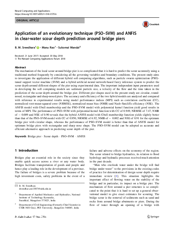 (PDF) Application of an evolutionary technique (PSO–SVM) and ANFIS in clear-water scour depth ...