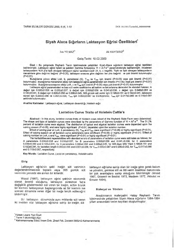 (PDF) Siyah Alaca Sığırların Laktasyon Eğrisi Özellikleri