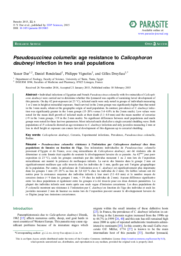 (PDF) Pseudosuccinea columella : age resistance to Calicophoron ...