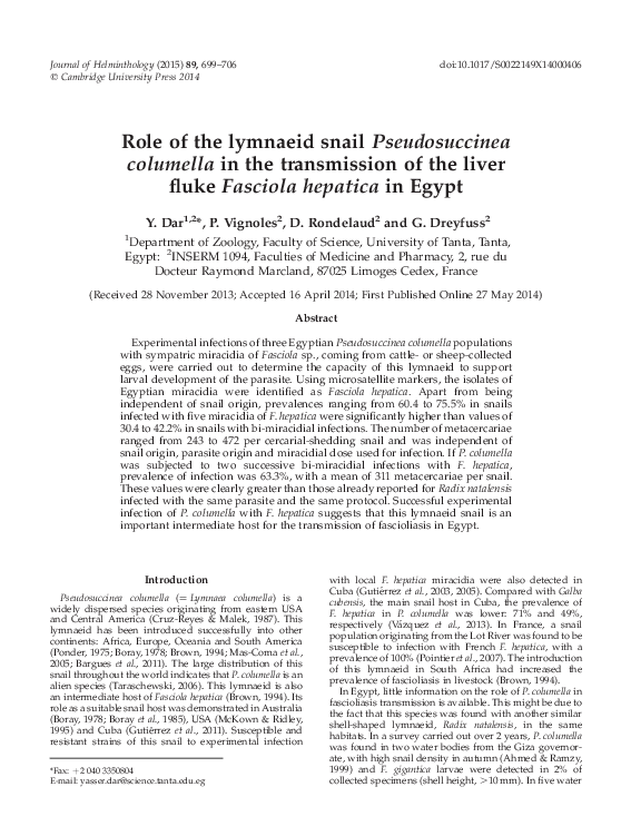 (PDF) Role of the lymnaeid snail Pseudosuccinea columella in the ...