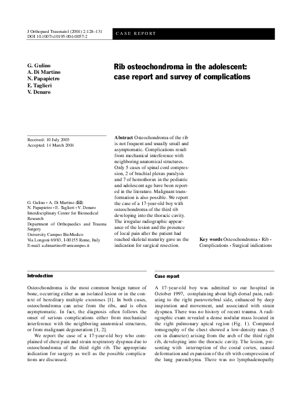 Pdf Rib Osteochondroma In The Adolescent Case Report And Survey Of Complications