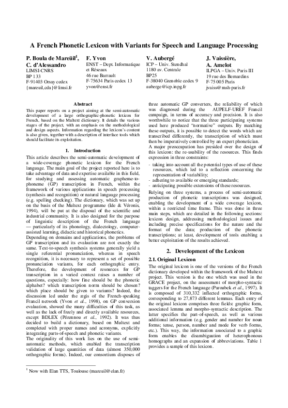 (PDF) A French Phonetic Lexicon with Variants for Speech and Language Processing