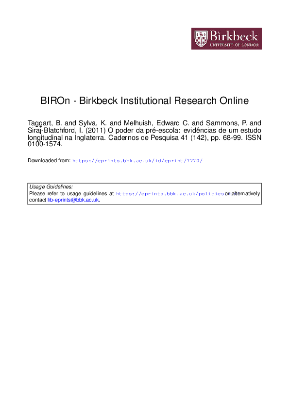 (PDF) The power of pre-school: evidence from the Eppe Project