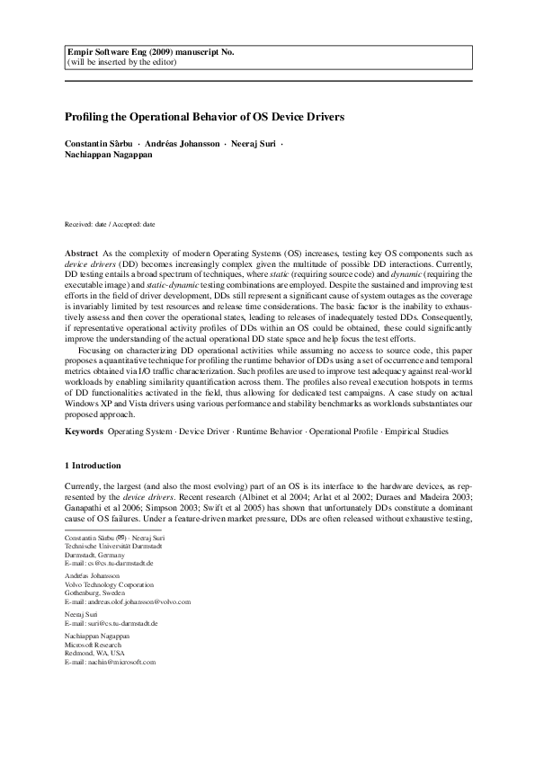 (PDF) Profiling the operational behavior of OS device drivers