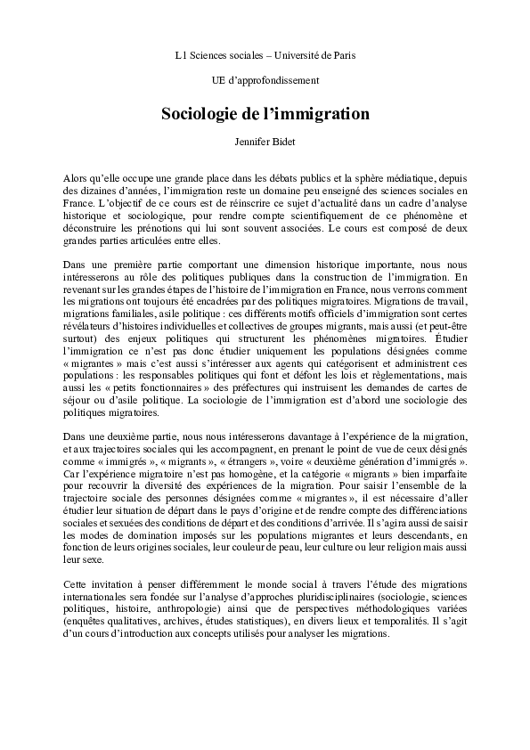 (PDF) TD Sociologie de l'immigration L1