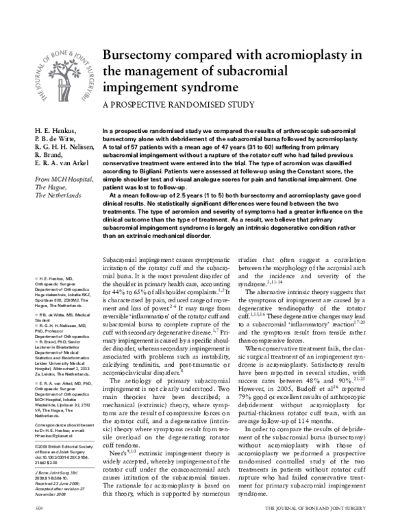 (PDF) Bursectomy compared with acromioplasty in the management of ...