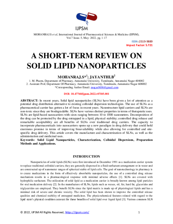 (PDF) A SHORT-TERM REVIEW ON SOLID LIPID NANOPARTICLES