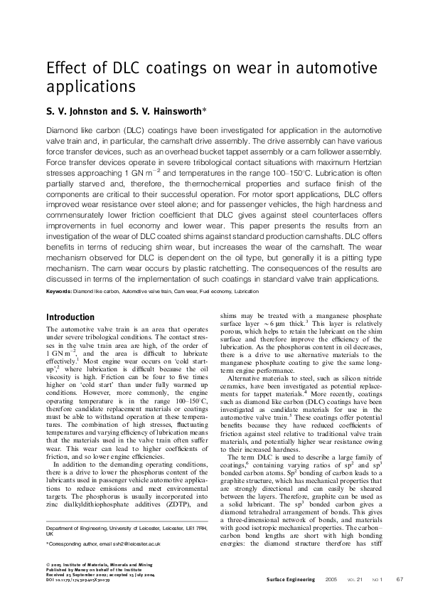 (PDF) Effect of DLC coatings on wear in automotive applications