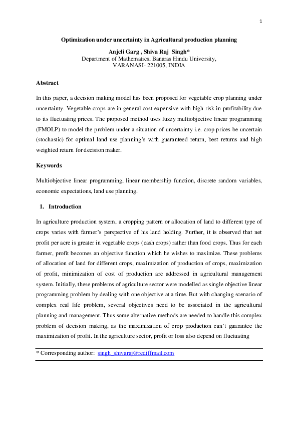 (PDF) Optimization under uncertainty in Agricultural production planning