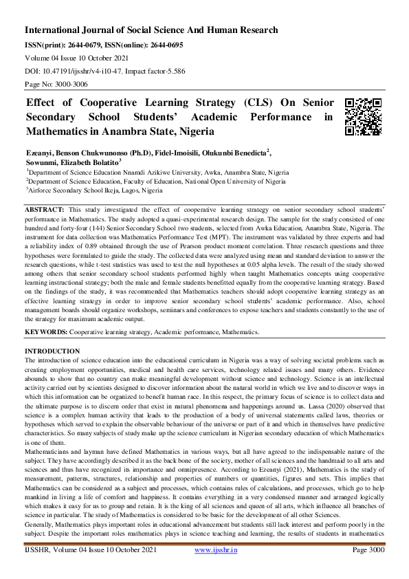 (PDF) Effect of Cooperative Learning Strategy (CLS) On Senior Secondary School Students ...