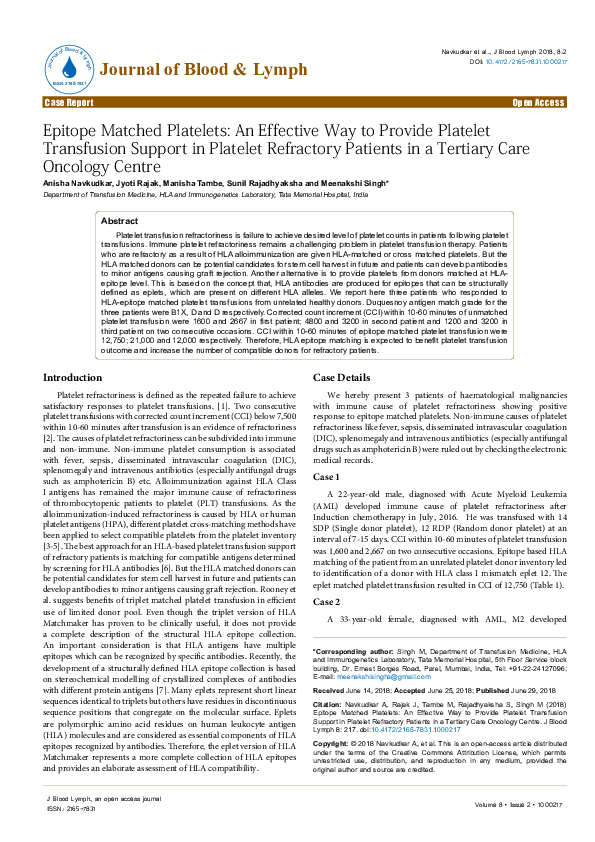 (PDF) Epitope Matched Platelets: An Effective Way to Provide Platelet ...