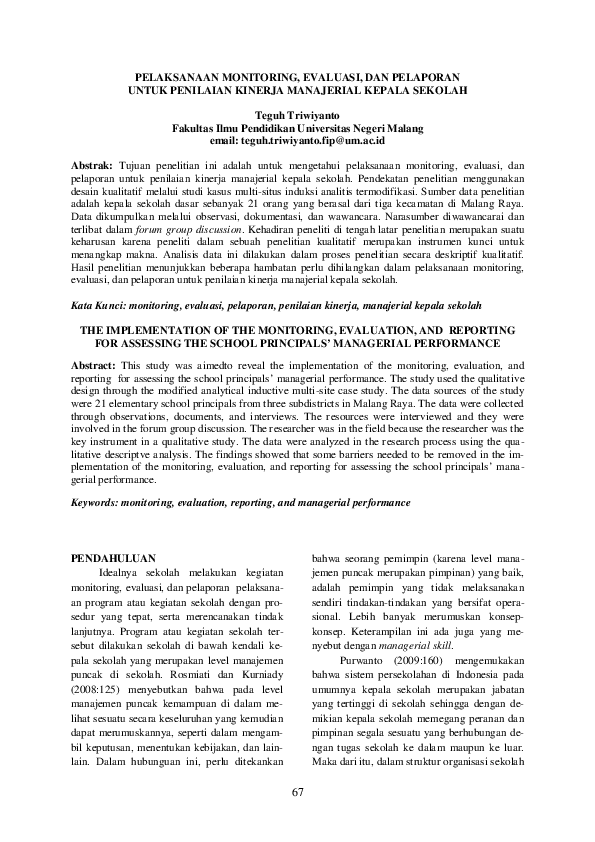 (PDF) Pelaksanaan Monitoring, Evaluasi, Dan Pelaporan Untuk Penilaian Kinerja Manajerial Kepala ...