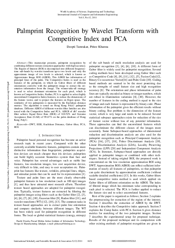 (PDF) Palmprint Recognition By Wavelet Transform With Competitive Index And Pca | Deepti ...
