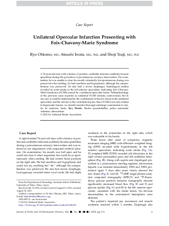 (PDF) Unilateral Opercular Infarction Presenting with Foix-Chavany ...