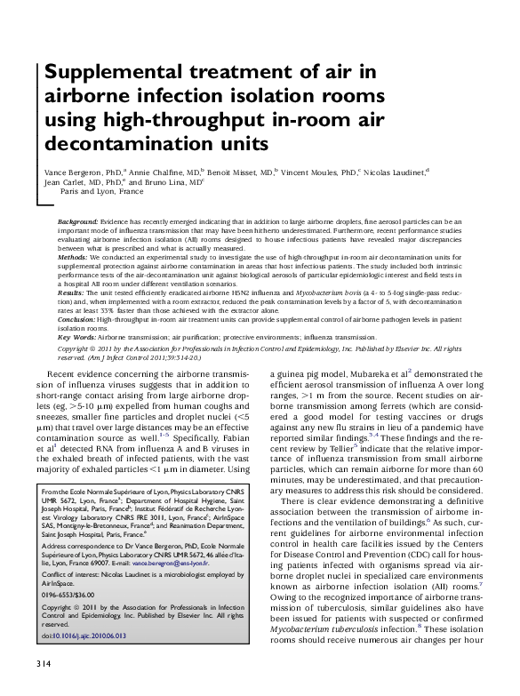 Supplemental treatment of air in airborne infection isolation rooms ...