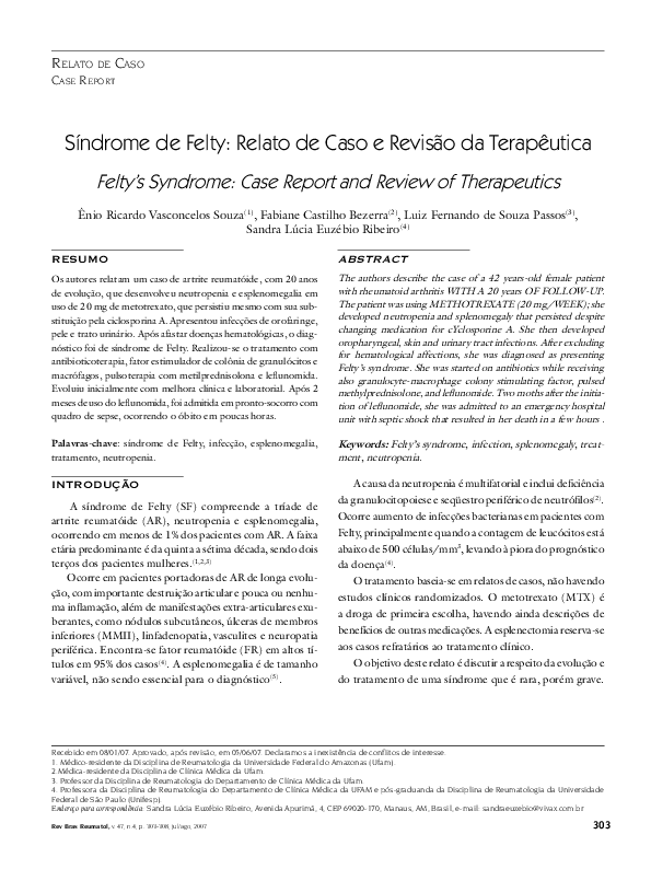 (PDF) Síndrome de Felty: relato de caso e revisão da terapêutica