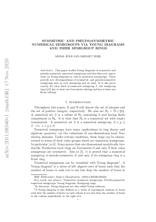 (PDF) Symmetric and Pseudo-Symmetric Numerical Semigroups via Young Diagrams and Their Semigroup ...