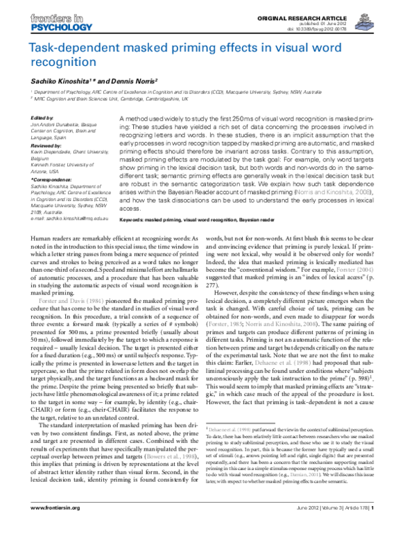 (PDF) Task-Dependent Masked Priming Effects in Visual Word Recognition