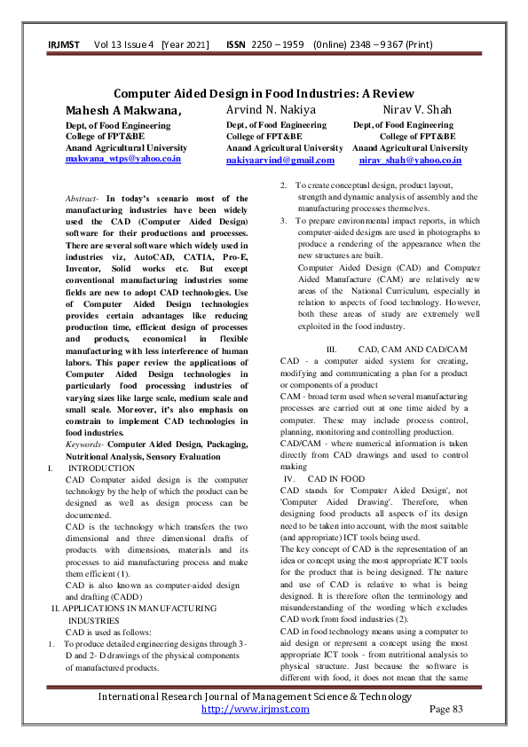 (PDF) Computer Aided Design in Food Industries: A Review