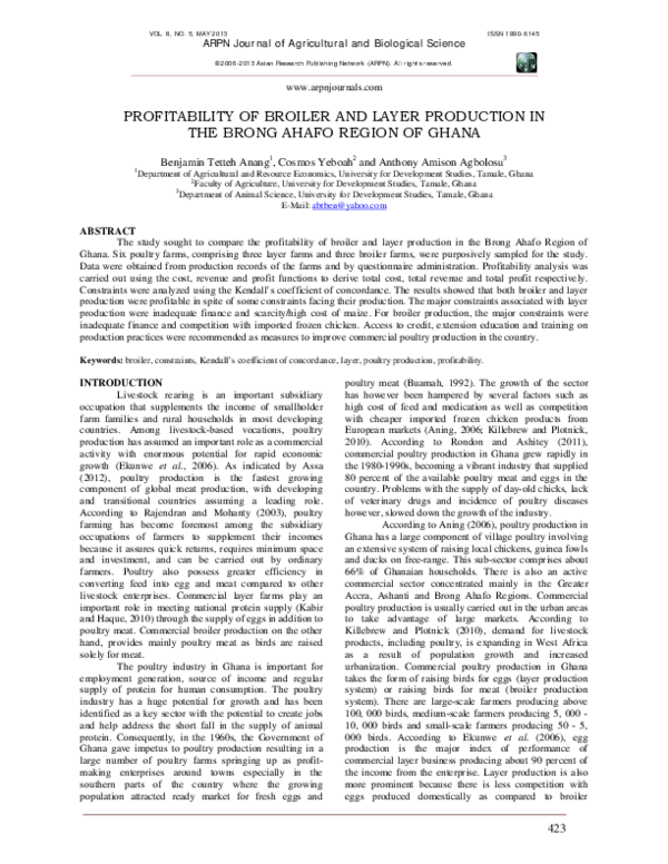 (PDF) ARPN Journal of Agricultural and Biological Science PROFITABILITY OF BROILER AND LAYER ...