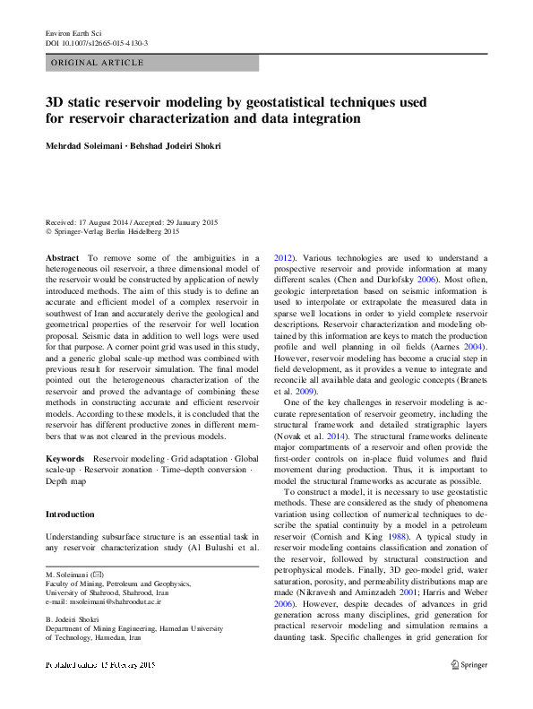Pdf 3d Static Reservoir Modeling By Geostatistical Techniques Used