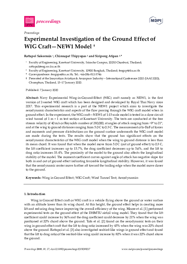 (PDF) Experimental Investigation of the Ground Effect of WIG Craft—NEW1 Model
