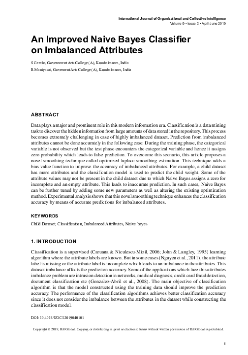 Pdf An Improved Naive Bayes Classifier On Imbalanced Attributes