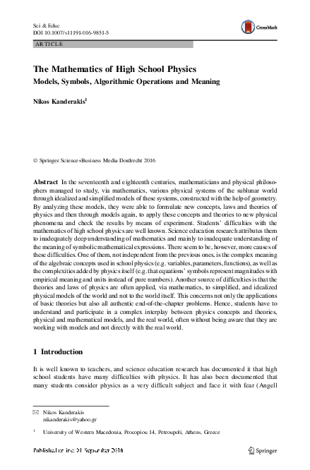 (PDF) The Mathematics of High School Physics