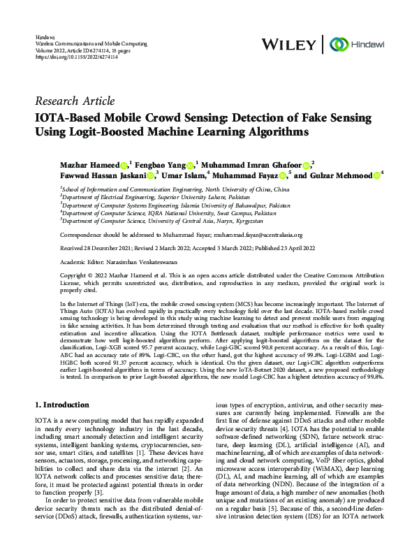 (PDF) IOTA-Based Mobile Crowd Sensing: Detection of Fake Sensing Using Logit-Boosted Machine ...