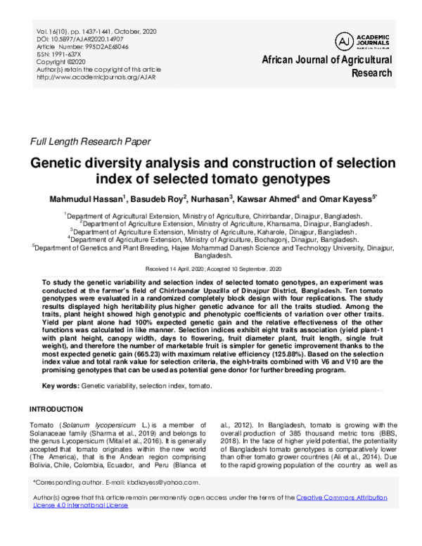 (PDF) Genetic diversity analysis and construction of selection index of ...