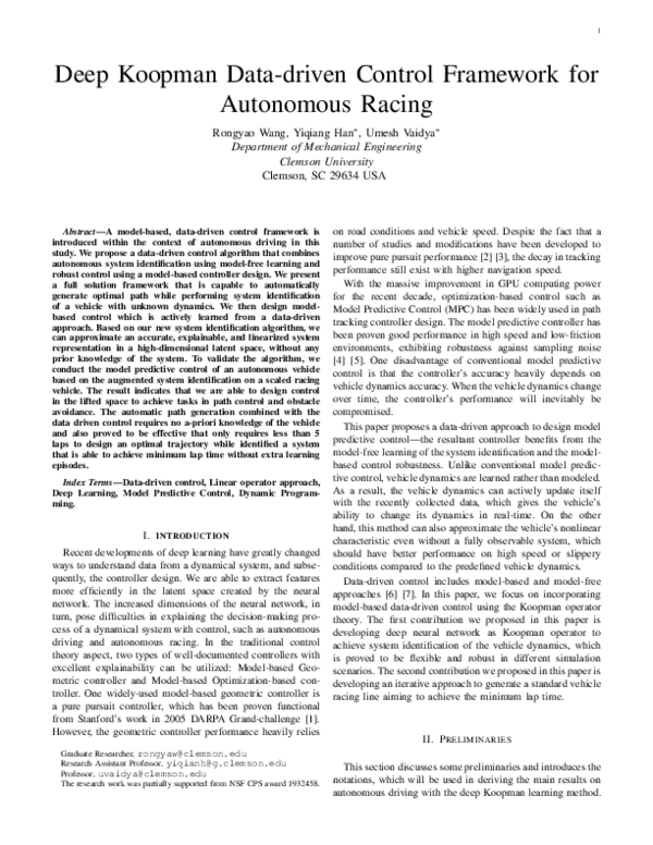 (PDF) Deep Koopman Data-driven Control Framework for Autonomous Racing