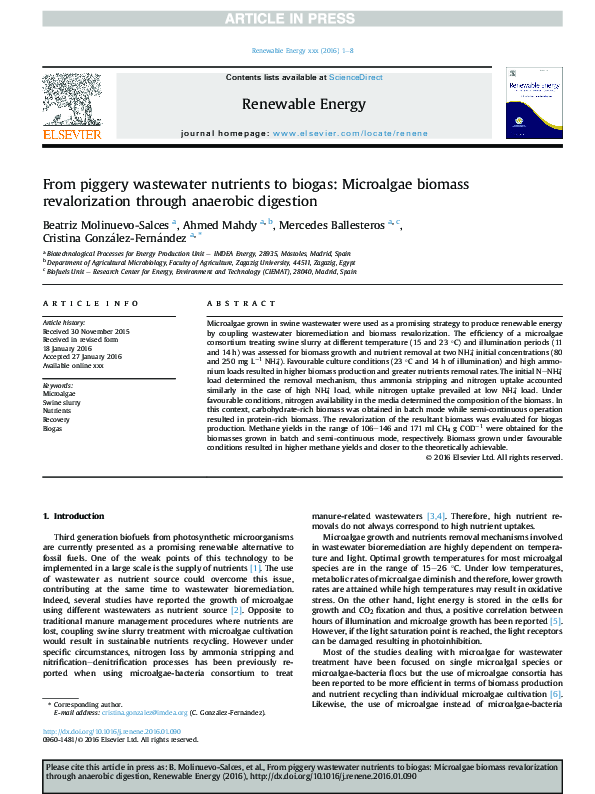 (PDF) From piggery wastewater nutrients to biogas: Microalgae biomass ...