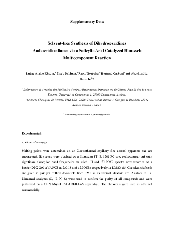 (PDF) Solvent-Free Synthesis of Dihydropyridines and Acridinediones via ... (PDF) Solvent-Free Synthesis of Dihydropyridines and Acridinediones via ...