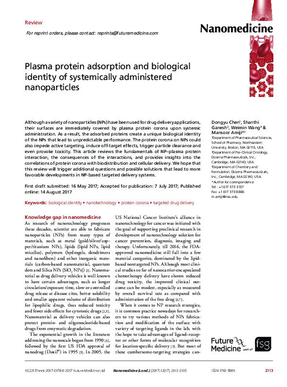 (PDF) Plasma protein adsorption and biological identity of systemically ...