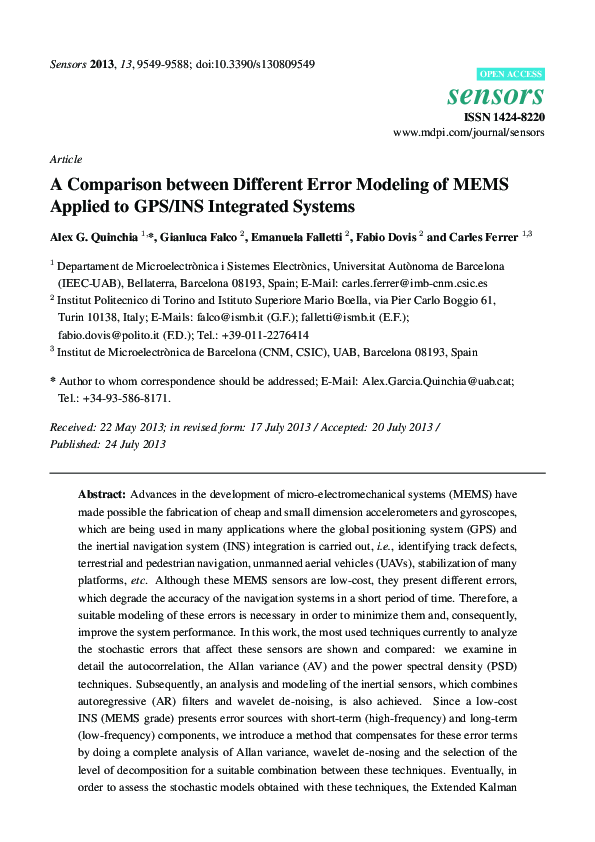 (PDF) A Comparison between Different Error Modeling of MEMS Applied to GPS/INS Integrated Systems