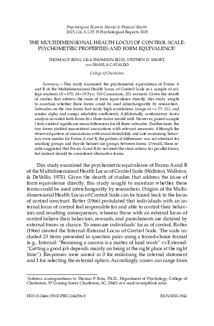 (PDF) The Multidimensional Health Locus of Control Scale: Psychometric ...