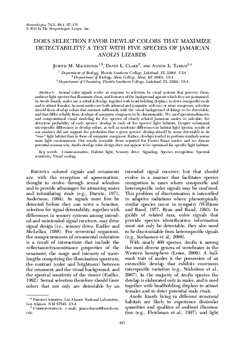 (PDF) Does Selection Favor Dewlap Colors that Maximize Detectability? A ...