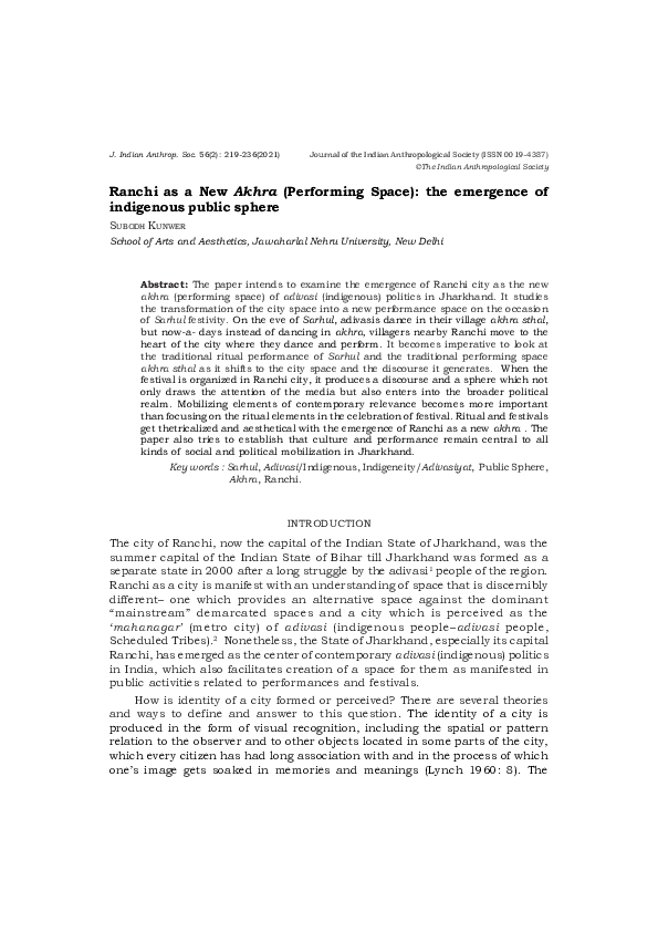 (PDF) Ranchi as a New Akhra (Performing Space): the emergence of indigenous public sphere